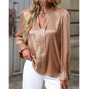 Tops | Luxe Champagne Jacquard Satin Blouse | Poshmark